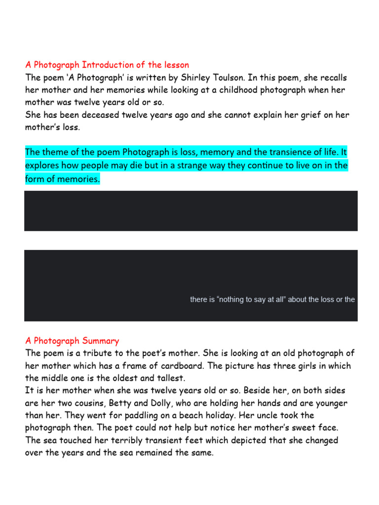 Significance of "A Photograph" Poem | PDF | Poetry