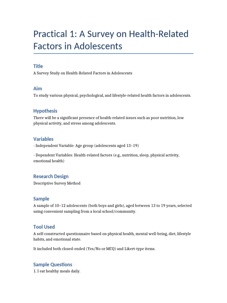 Health Factors Survey in Adolescents | PDF | Adolescence | Survey ...