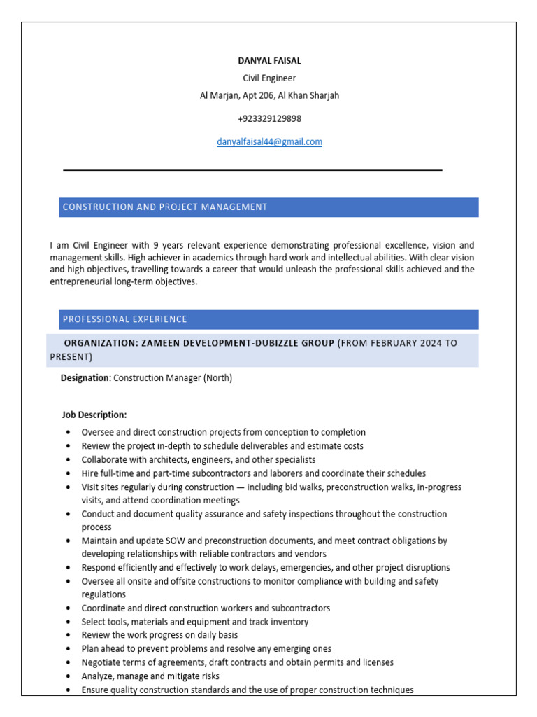 Danyal Faisal Updated CV (PDF) | PDF | Project Management | General Contractor