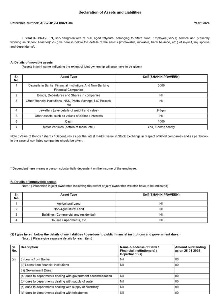 Assets and Liabilities Declaration Form | PDF | Government Finances ...