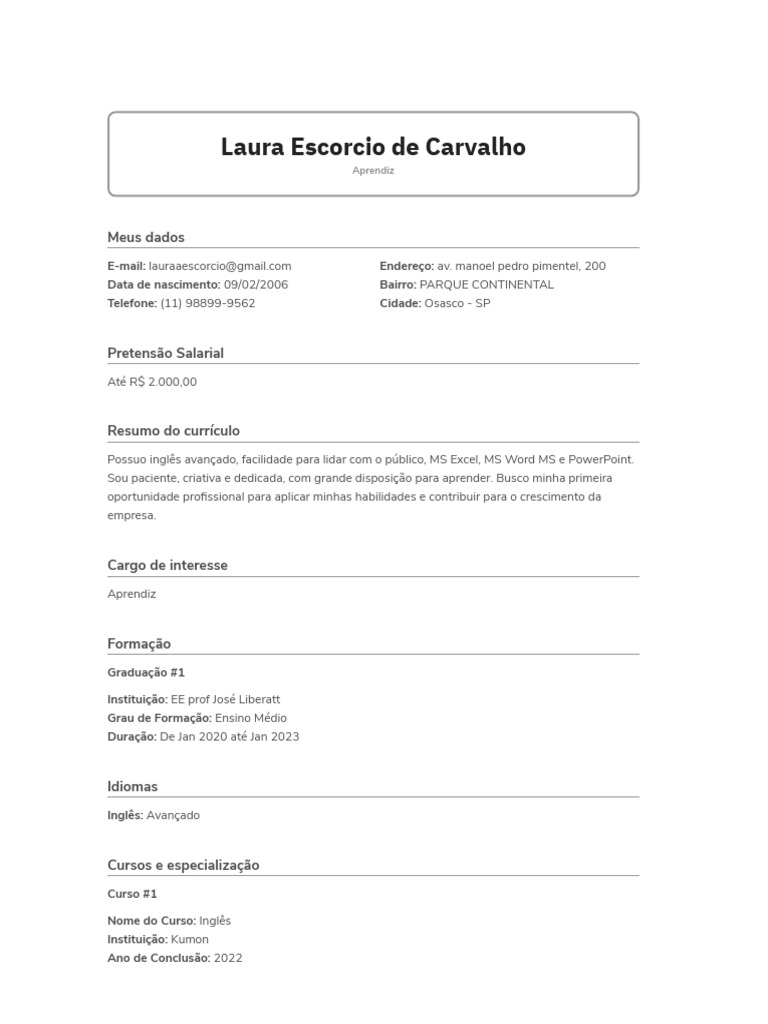 Currículo de Aprendiz: Laura Escorcio | PDF