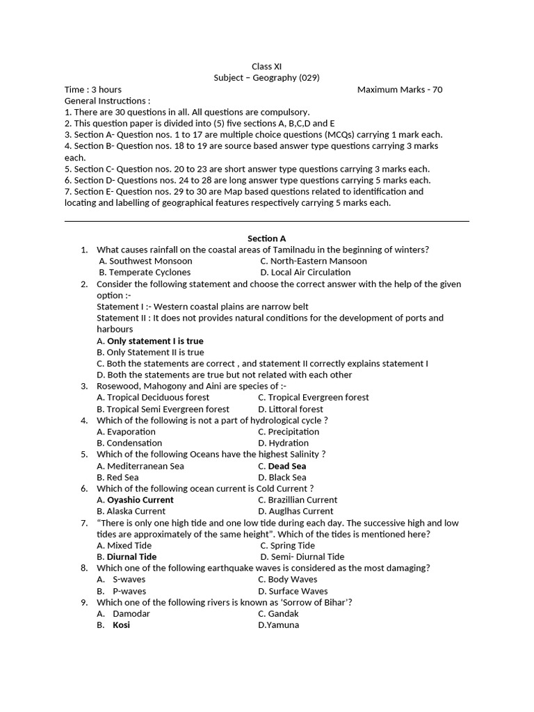 Class XI Geography Exam Paper Guide | PDF | Oceans | Forests