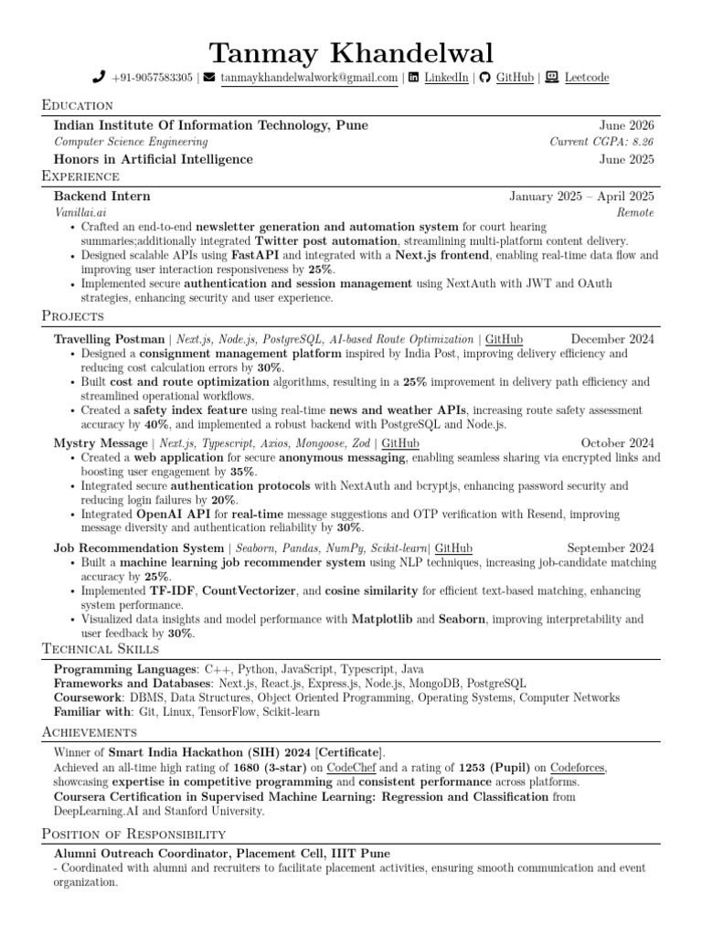 Tanmay Khandelwal Resume-4 | PDF | Machine Learning | Databases