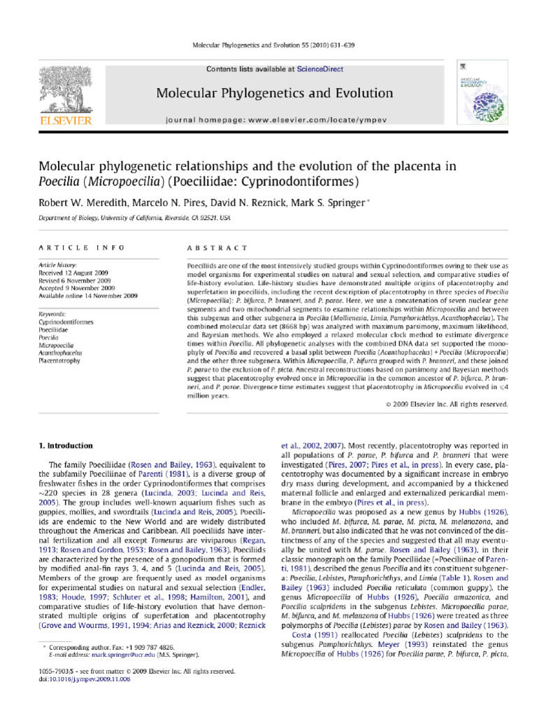 Molecular Phylogenetic Relationships and The Evolution of The Placenta in Poecilia Fishes | PDF ...