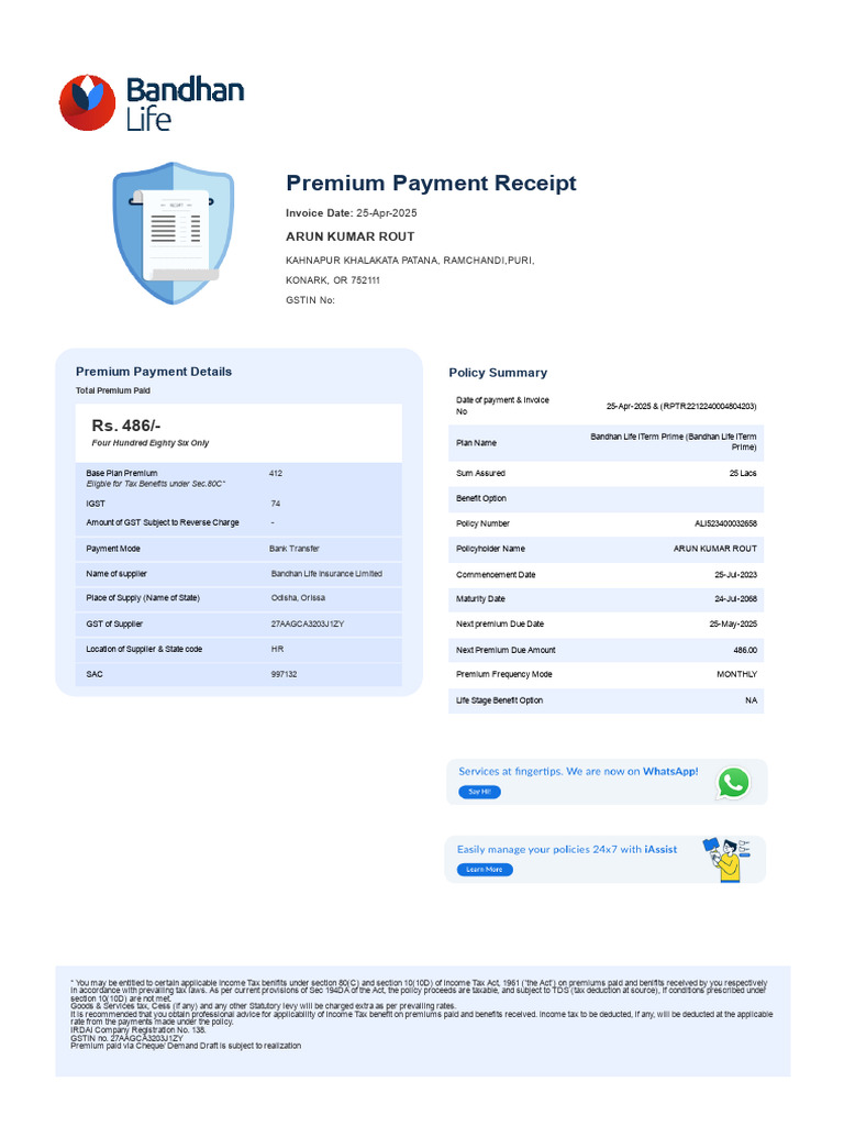 ALI523400032658 Renewal Receipt-8 | PDF | Insurance | Life Insurance