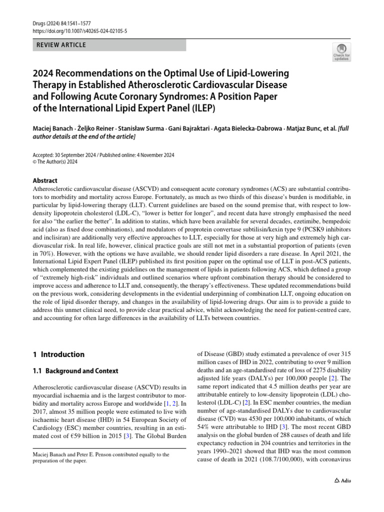 2024 ILEP Position Paper_Optimal Use of LLT in ASCVD and Post ACS | PDF ...