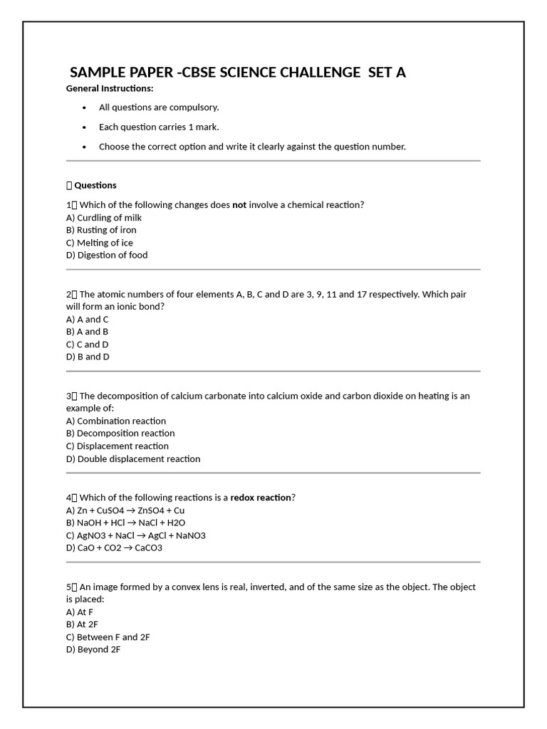 Cbse SC Challenge Set A | PDF | Chemical Reactions | Oxide