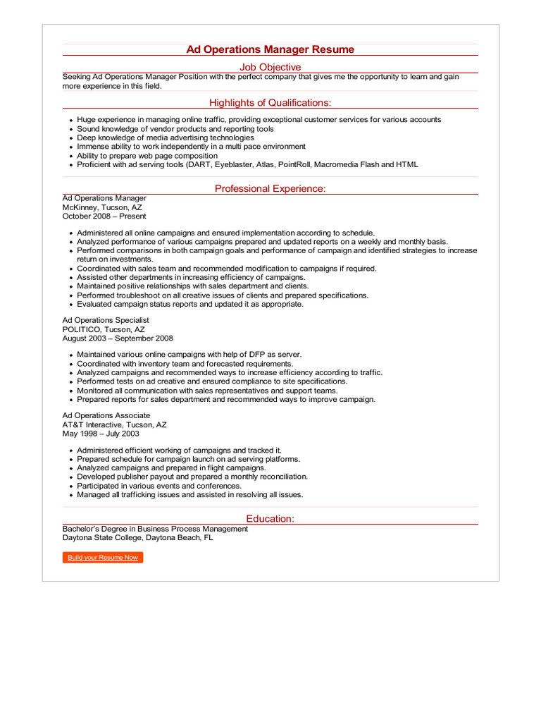 Ad Operations Manager Resume | PDF | Sales | Business