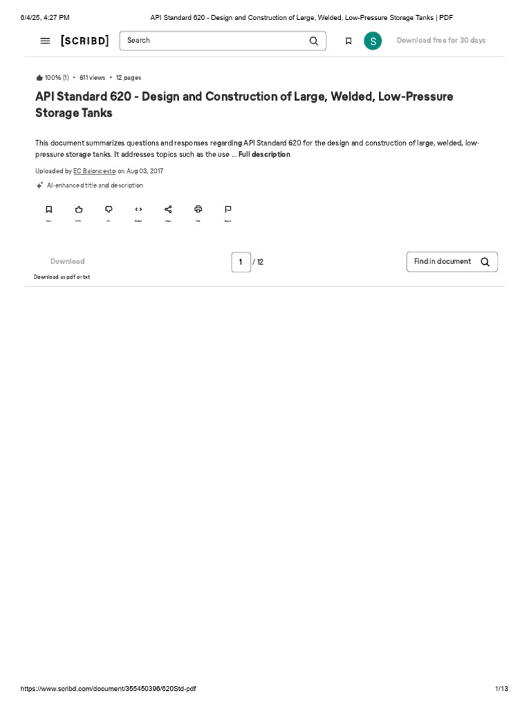 API Standard 620 - Design and Construction of Large, Welded, Low-Pressure Storage Tanks - PDF ...