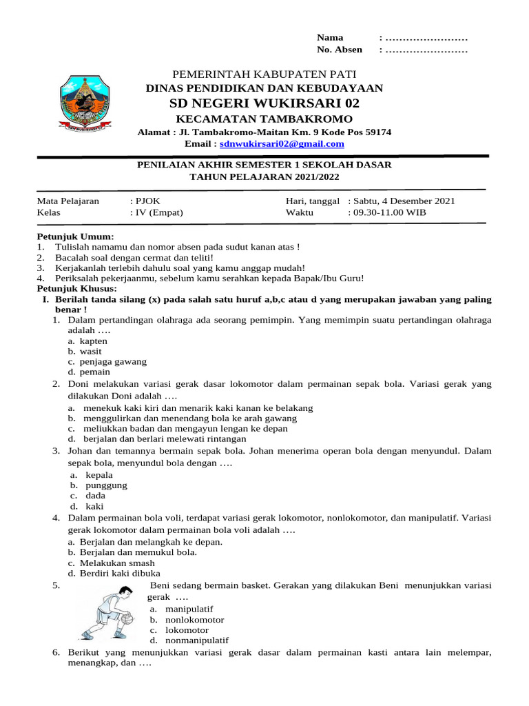 Soal Pas I Pjok Kelas IV TP 2021-2022 | PDF