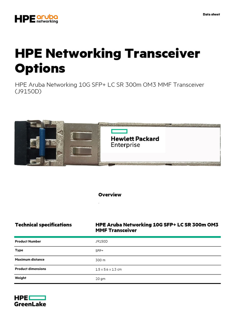 HPE Aruba Networking 10G SFP+ LC SR 300m OM3 MMF Transceiver Data Sheet ...