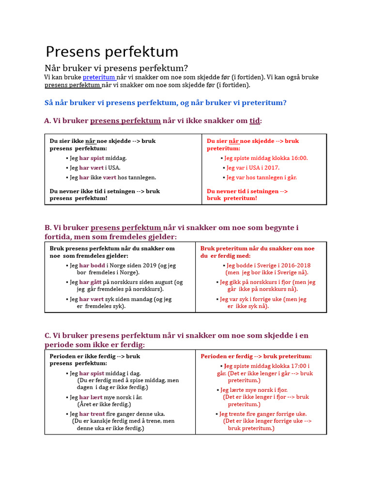 VERB - Presens Perfektum - Med Oppgaver - Bnorsk - No | PDF
