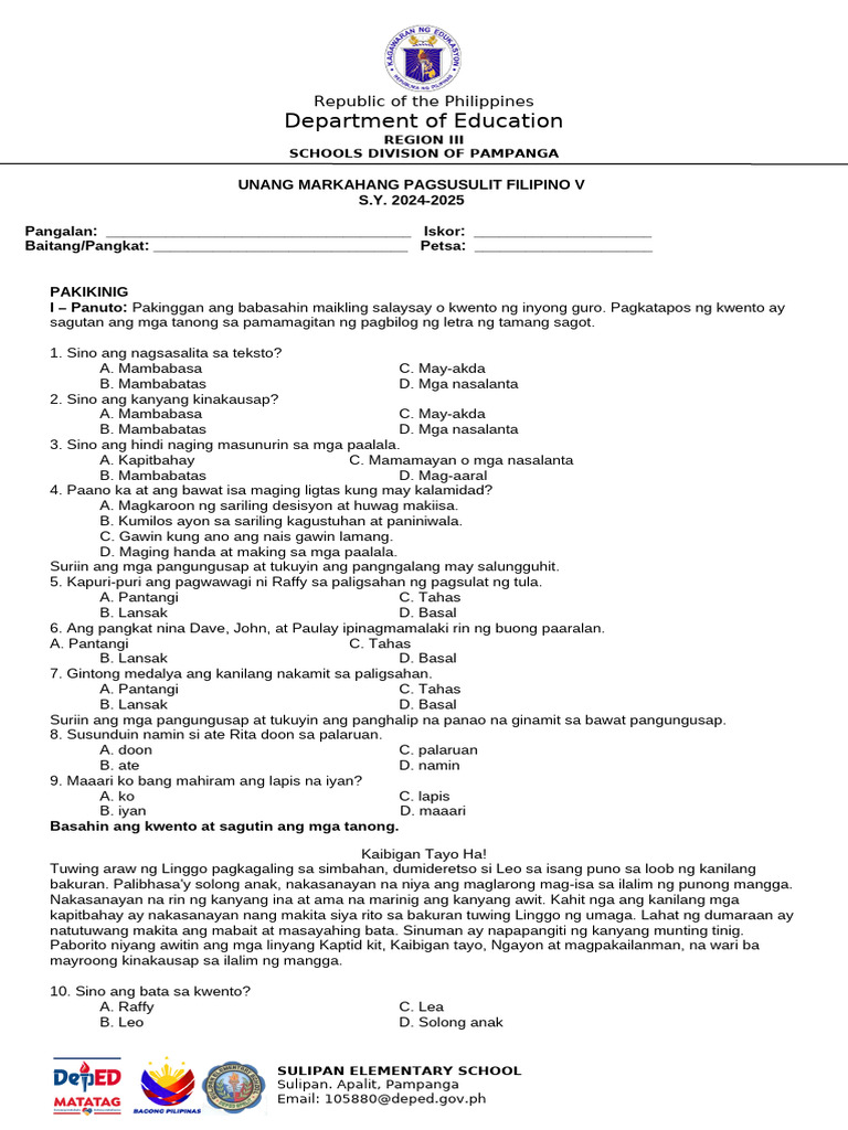 Filipino 5 Melc Based First Periodic Exam | PDF