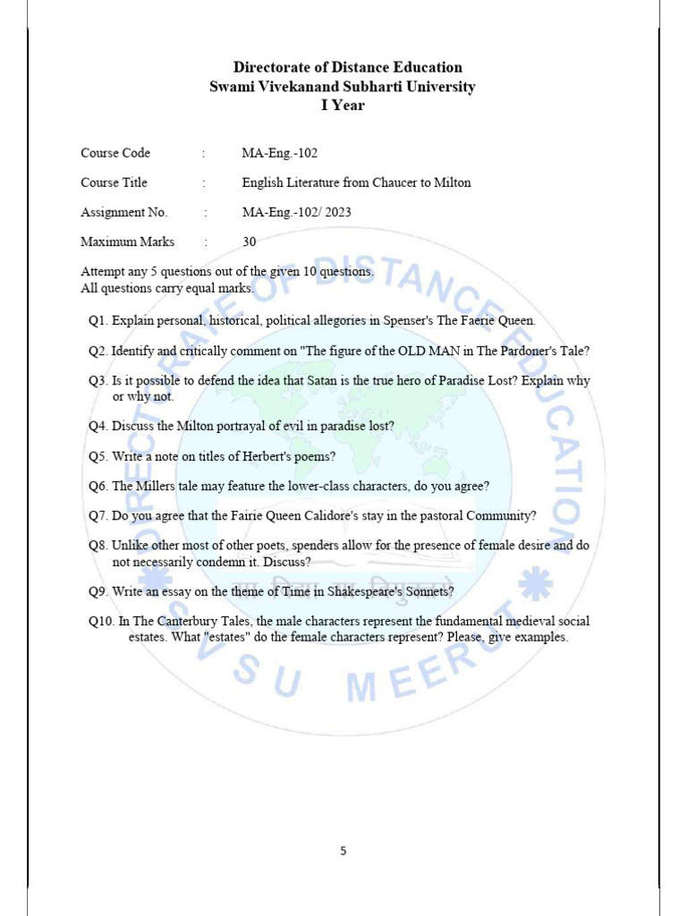 102 Eng Lit From Chouvh To Milton | PDF