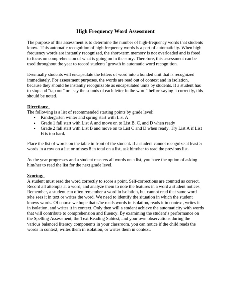 High Frequency Word Assessment | PDF | Human Communication | Cognitive ...