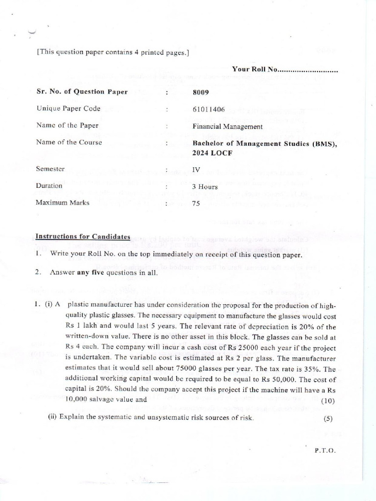 Financial Management BMS Sem 4 PYQ | PDF
