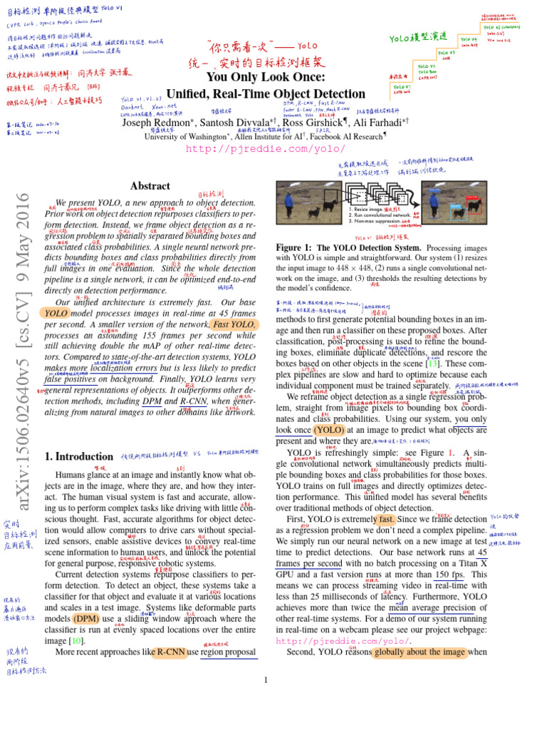 YOLOV1论文-同济子豪兄批注You Only Look Once Unified Real-time Object Detection | PDF