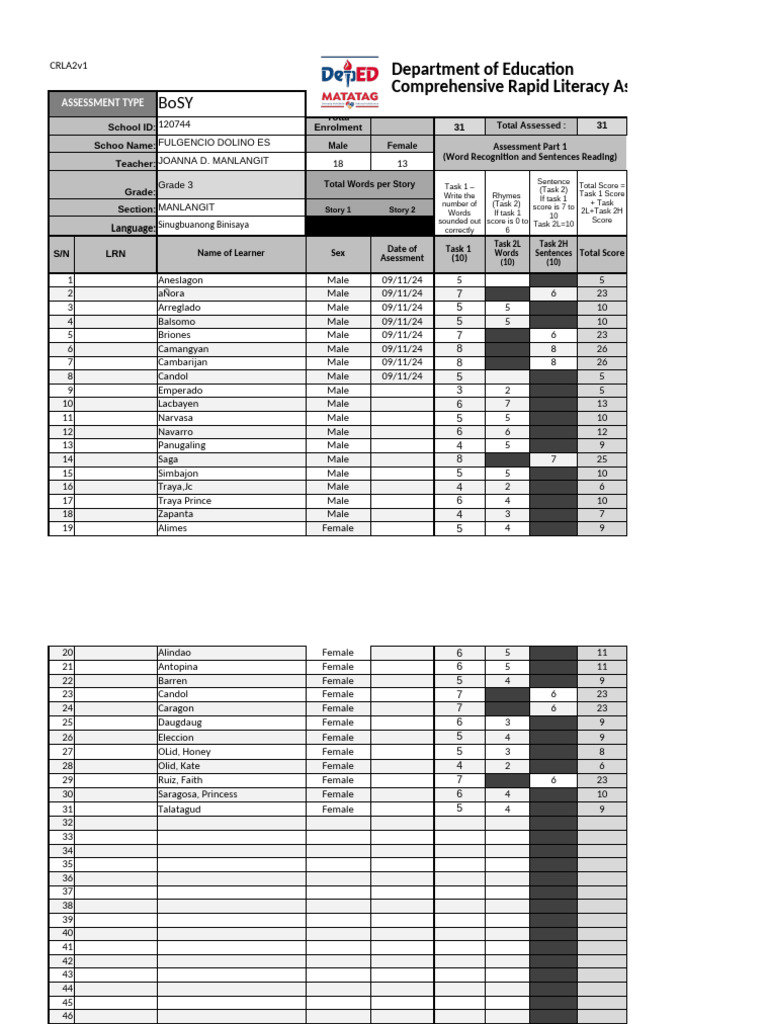 Grade 3 Literacy Assessment Scoresheet | PDF | Reading Comprehension ...