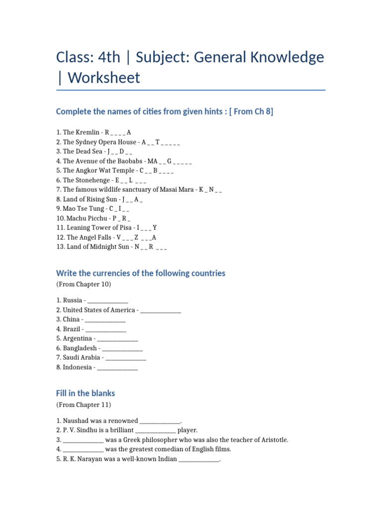 Class 4 General Knowledge Worksheet | PDF