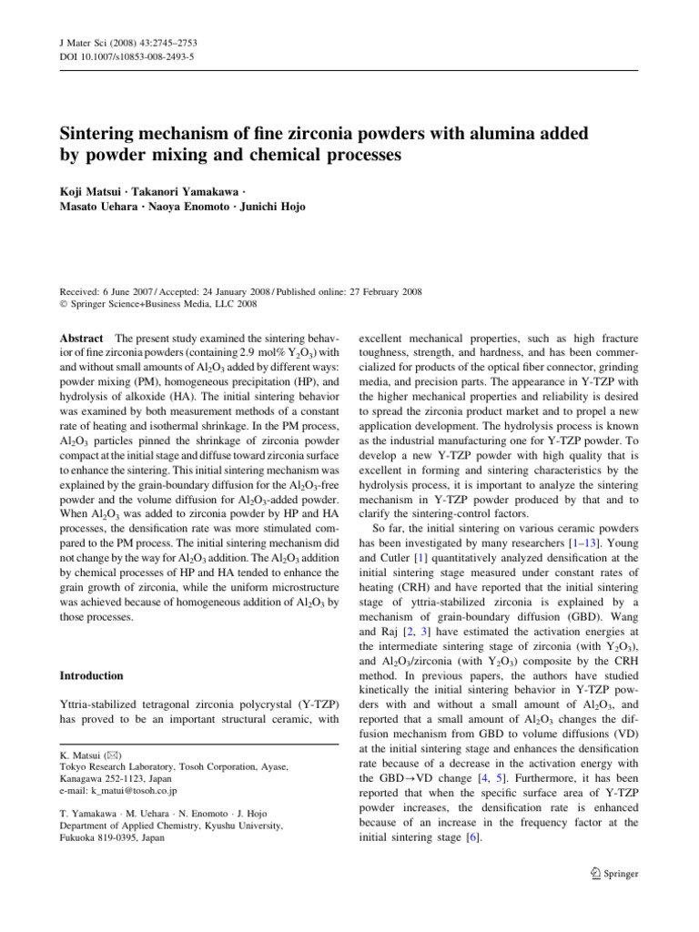 Sintering Mechanism of Fine Zirconia Powders With Alumina Added | PDF | Sintering | Physical ...