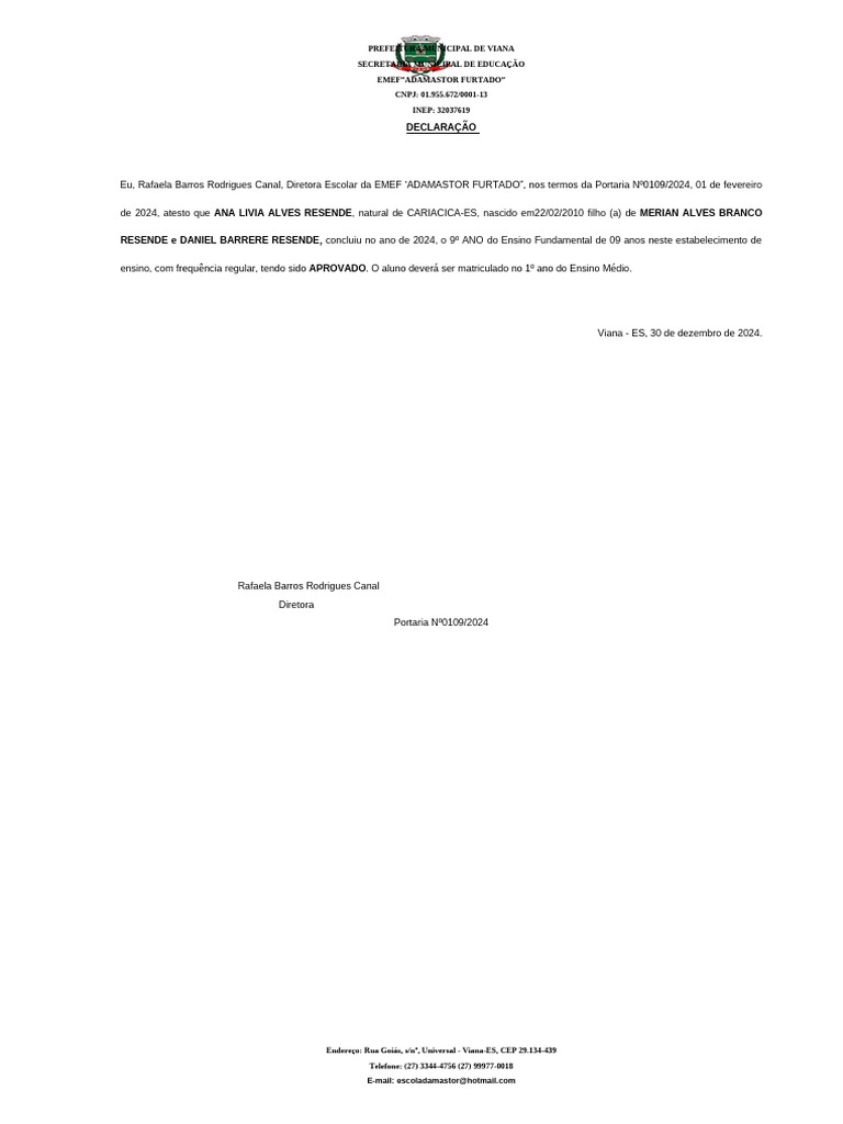 Declaração - Ana Livia Alves Resende | PDF
