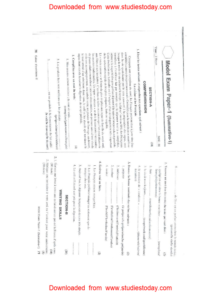 CBSE Class 10 French Worksheet (3) - 1 | PDF