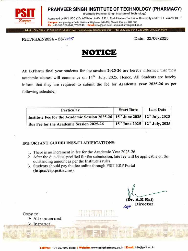 Notice For B. Pharm - Final Year Session 2025-26 Students Regarding ...