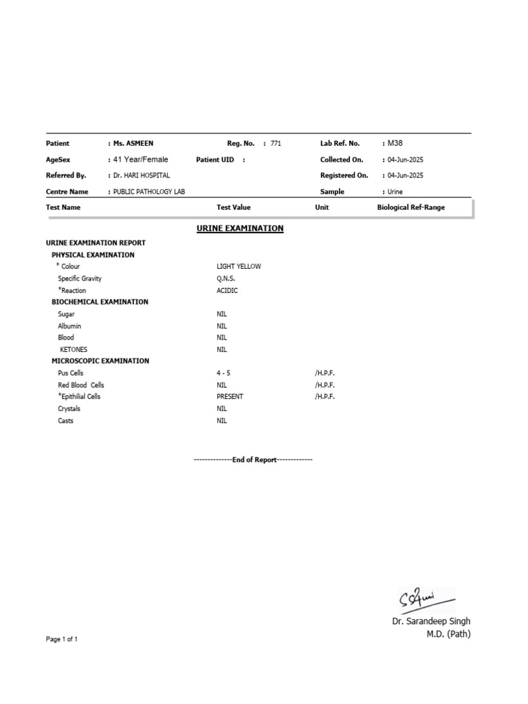 Urine Examination Report for Ms. Asmeen | PDF