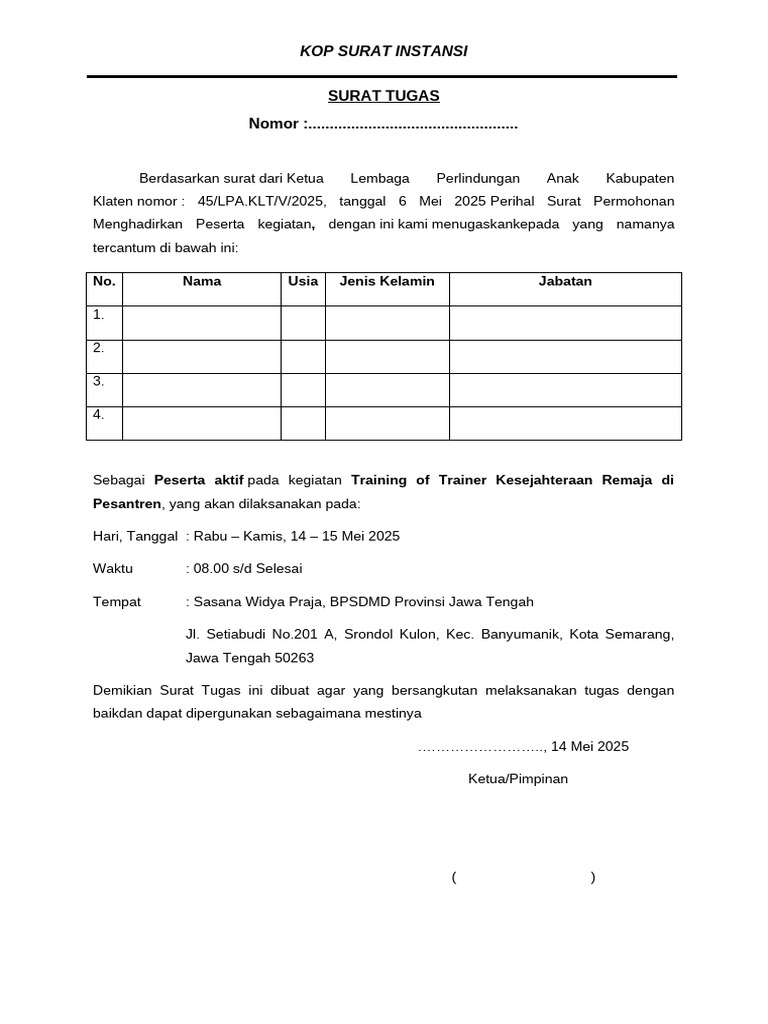 Surat Tugas Kegiatan Training Remaja Pdf