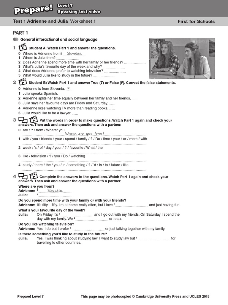 Prepare Level 7 Video Speaking Test Worksheets Test 12 | PDF