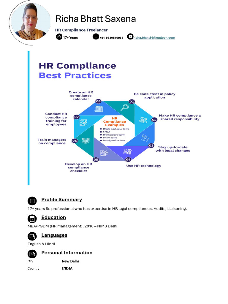 HR Compliance Freelancer Richa Bhatt Saxena - Profile | PDF | Employment | Regulatory Compliance