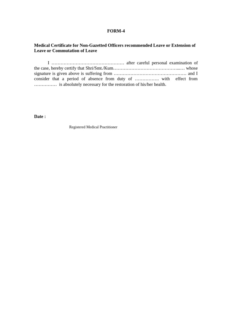 FORM-4 Medical Certificate For Non-Gazetted Officers Recommended Leave ...