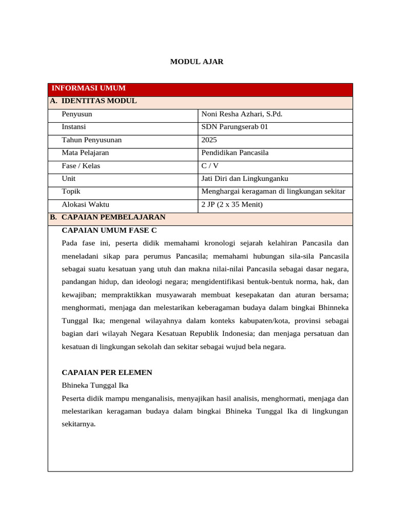 Modul Keberagaman Noni Kelas V | PDF