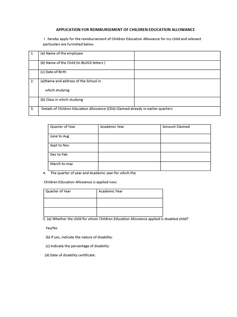 Form For Child Education Allowance | PDF | Fee | Reimbursement