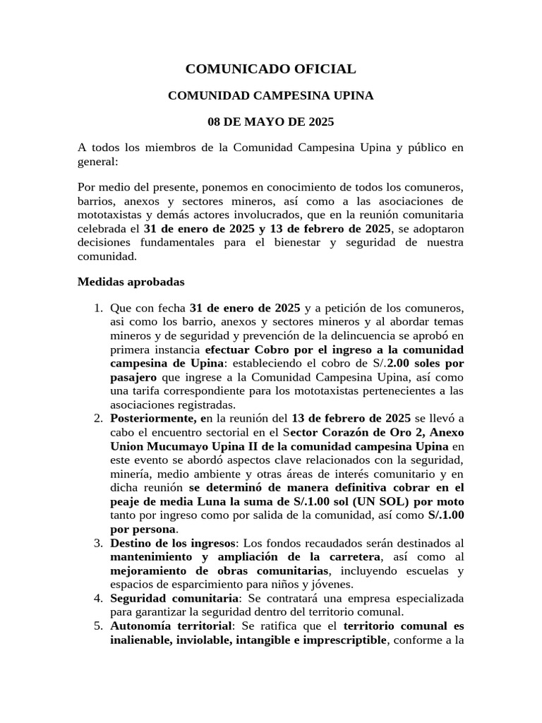 Comunicado Oficial Upina | PDF | Gobierno | Justicia