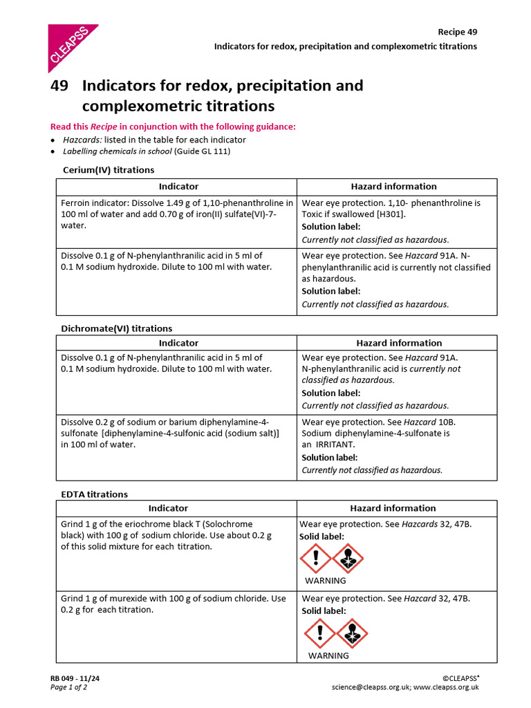RB049 Indicators For Redox Precipitation and Complexometric Titrations | PDF | Precipitation ...