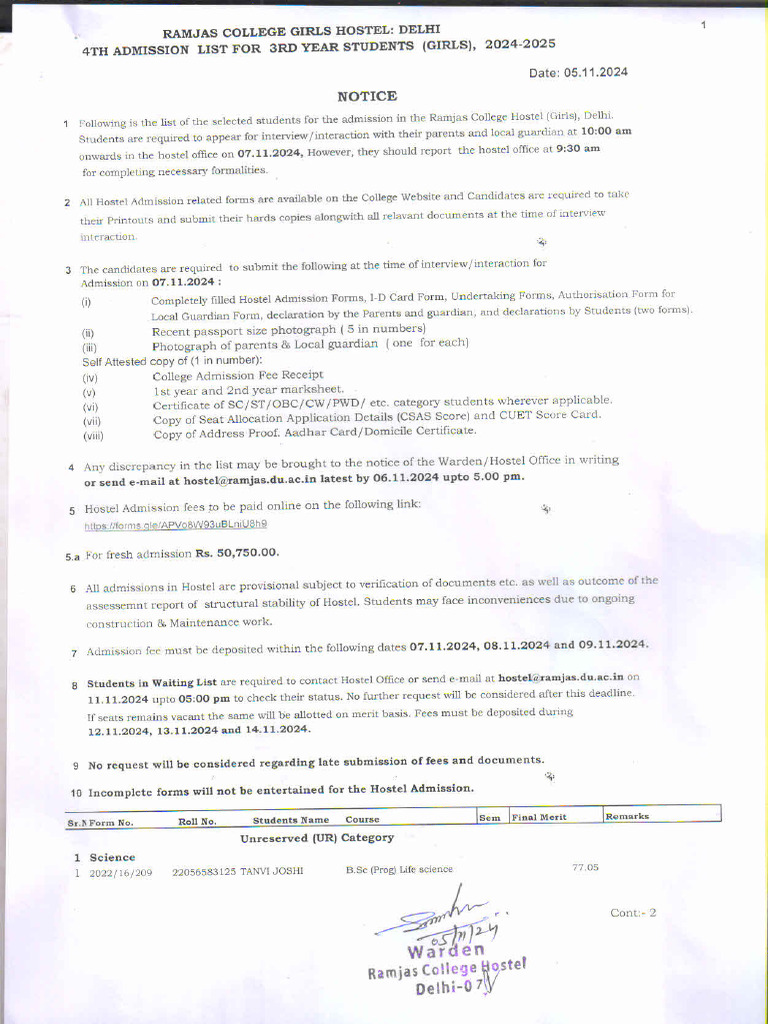 4th List For 3rd and 2nd Year (Girls Hostel) | PDF
