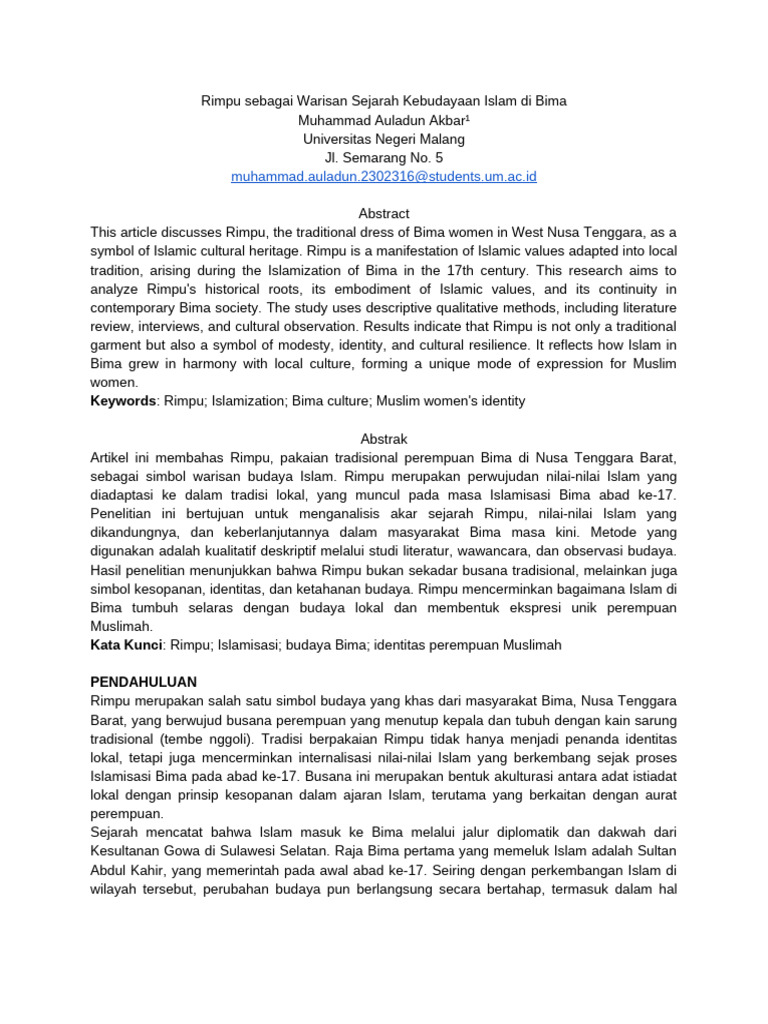Rimpu: Simbol Budaya Islam Bima | PDF