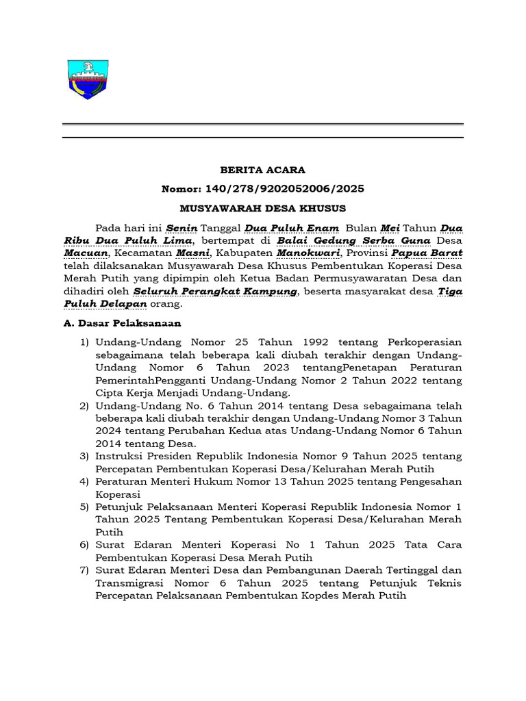 Berita Acara Musdesus Koperasi Desa Merah Putih Macuan_compressed | PDF
