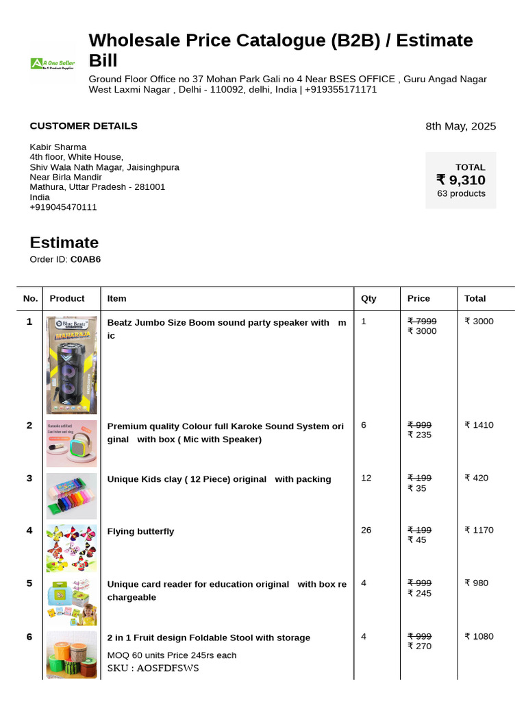 Wholesale Price Catalogue B2B Estimate Bill174670756161975 | PDF
