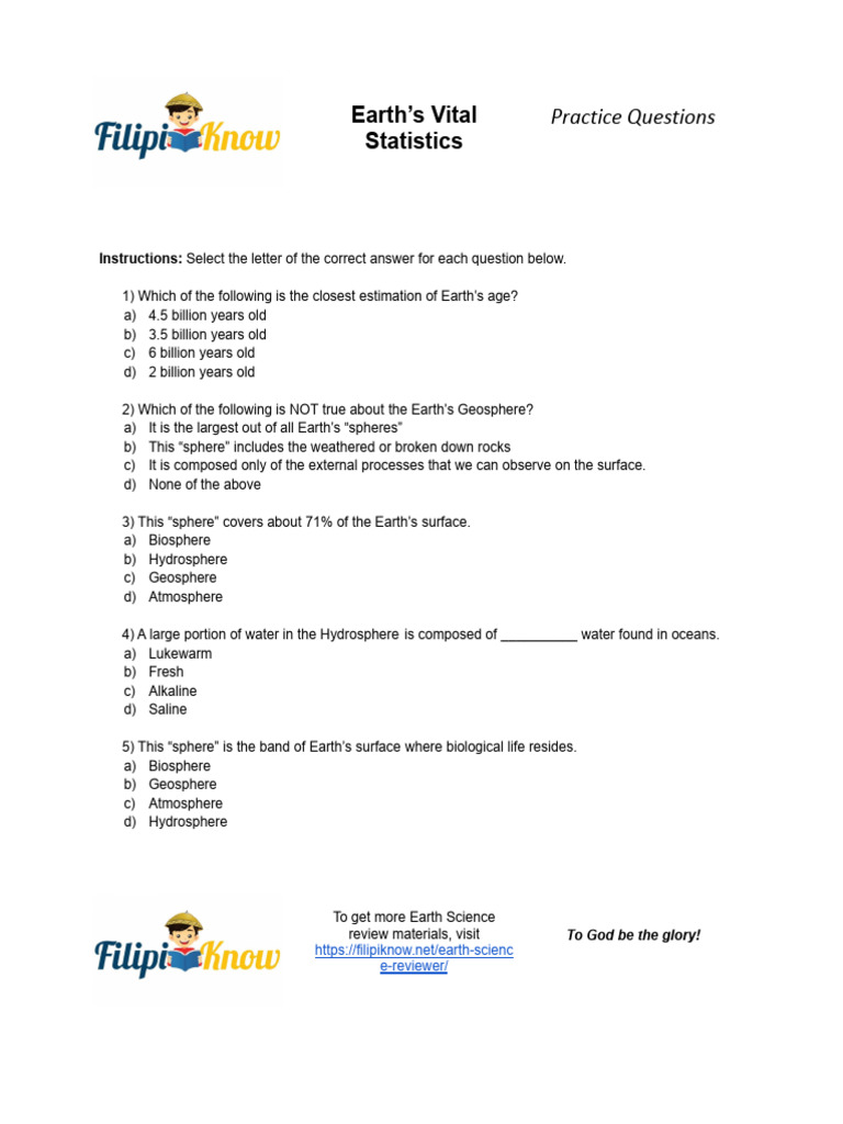 Earth Science Practice Questions Earth Vital Statistics | PDF