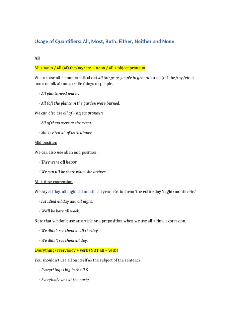 Quantifiers Usage | PDF | Noun | Verb