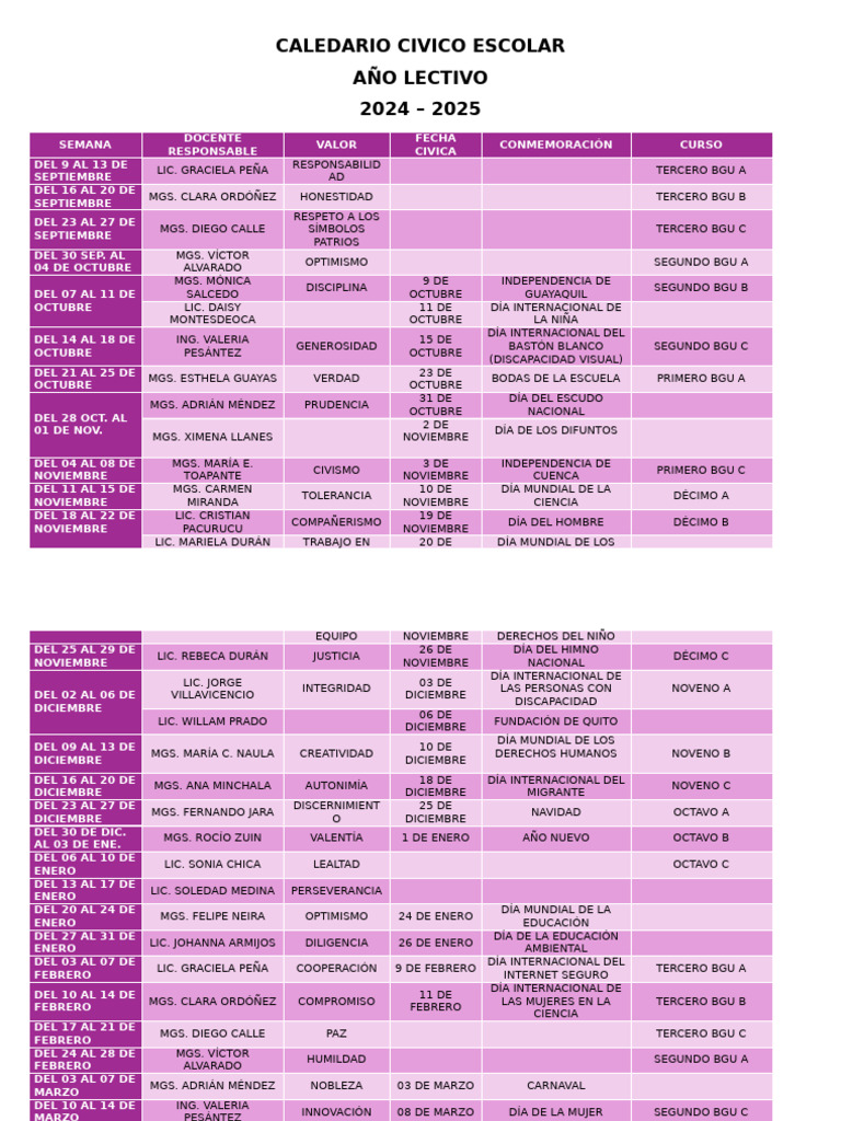 Calendario Civico Escolar 2024 - 2025 Vespertina | PDF
