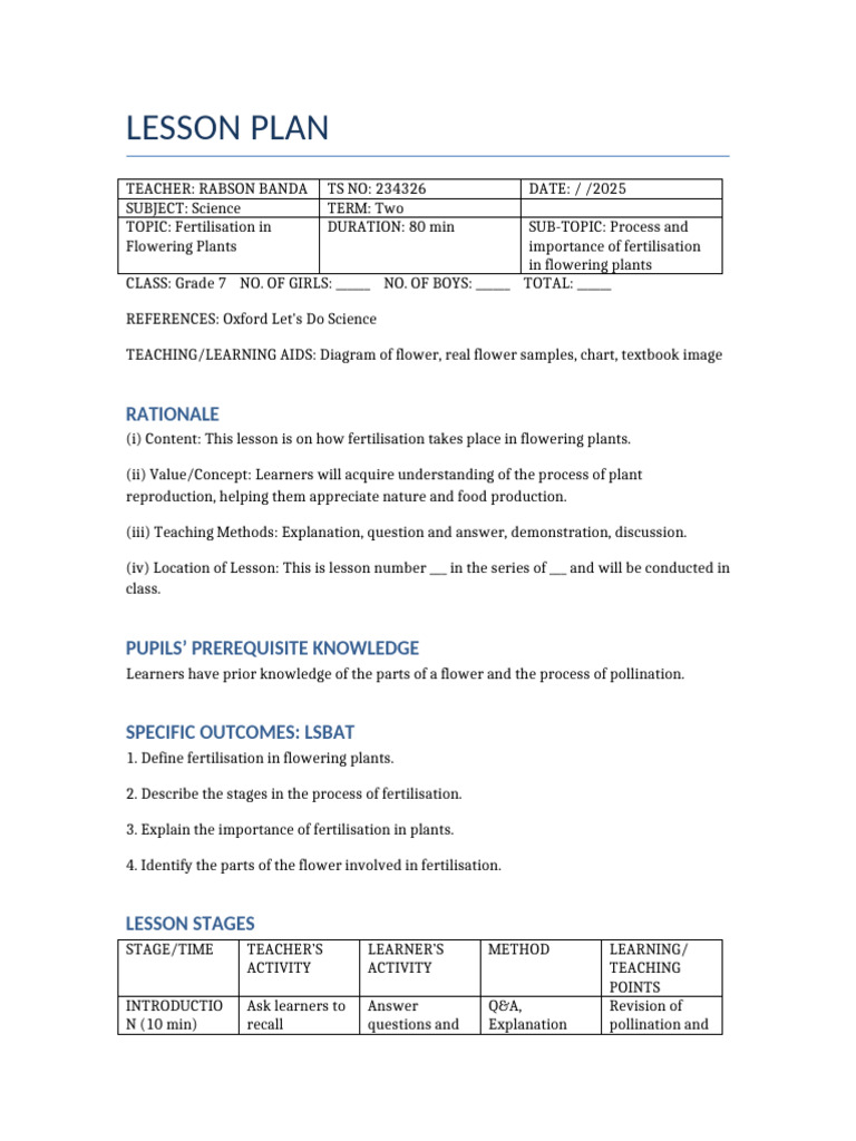 Plant Fertilisation - Lesson - Plan | PDF | Flowers | Fertilisation