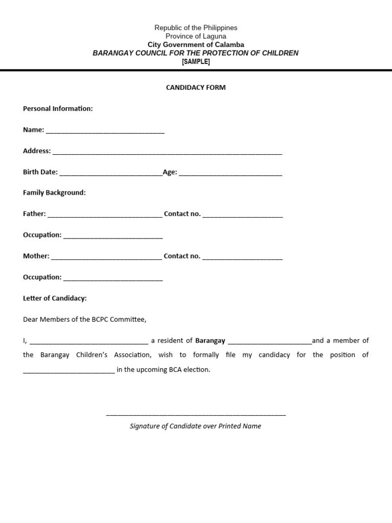 Bca Election Candidacy Form - Sample | PDF | Living Arrangements ...
