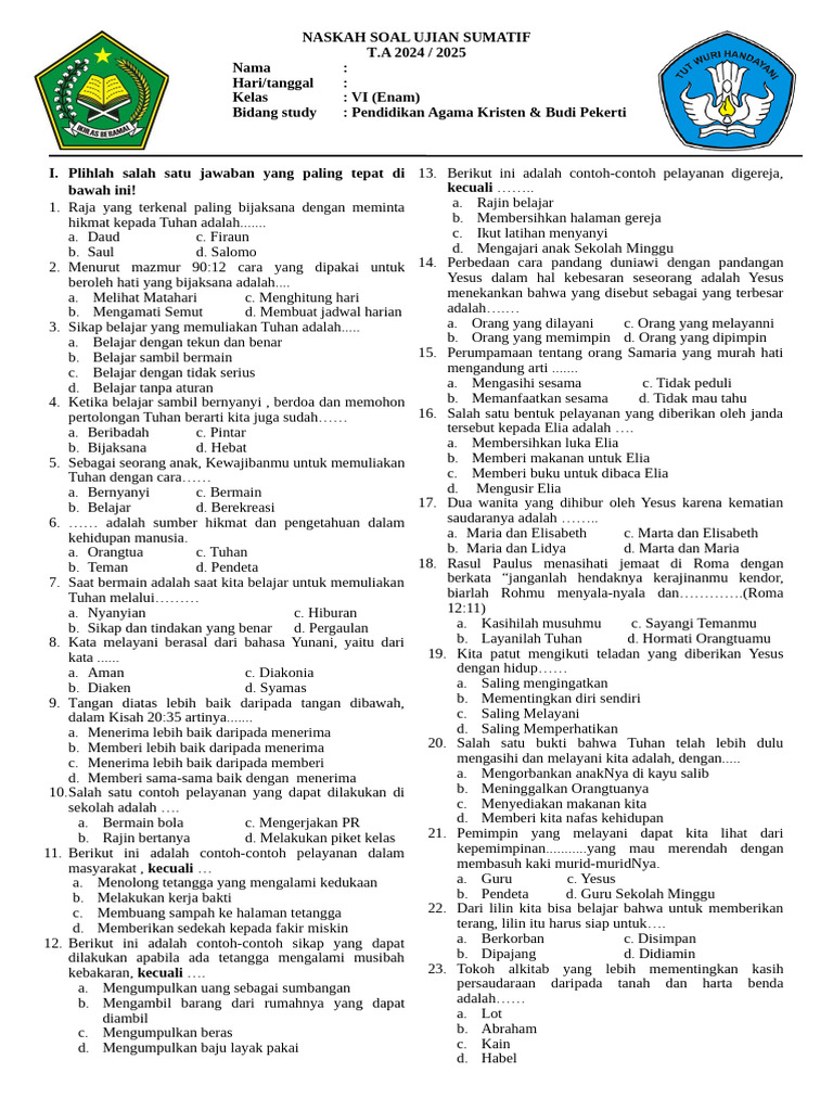 Naskah Soal Ujian Sumatif Agama (Kls 6) New | PDF