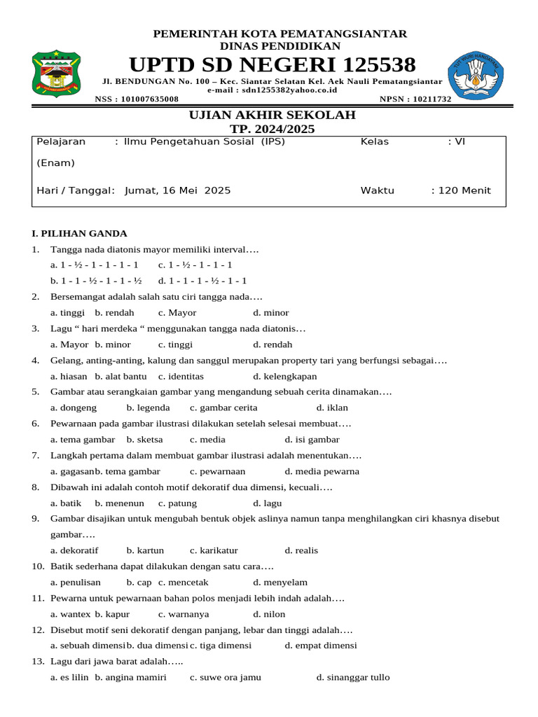 Naskah Soal Ujian Sumatif SBDP (Kls 6) | PDF