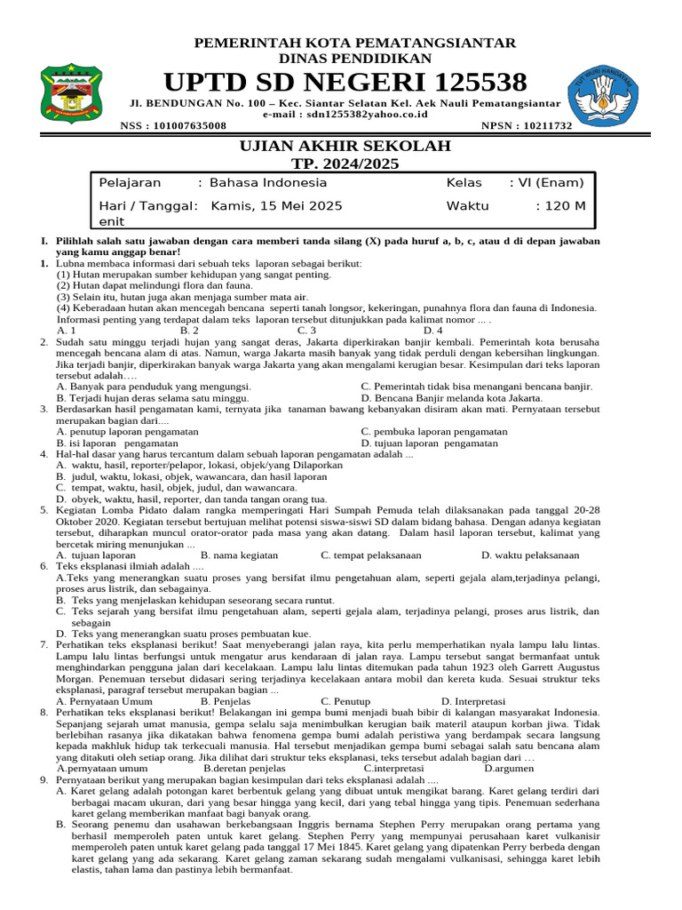 Naskah Soal Ujian Sumatif Bahasa Indonesia (Kls 6) | PDF