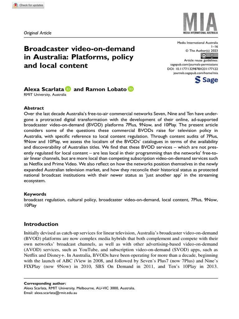 Scarlata Lobato 2023 Broadcaster Video On Demand in Australia Platforms Policy and Local Content ...