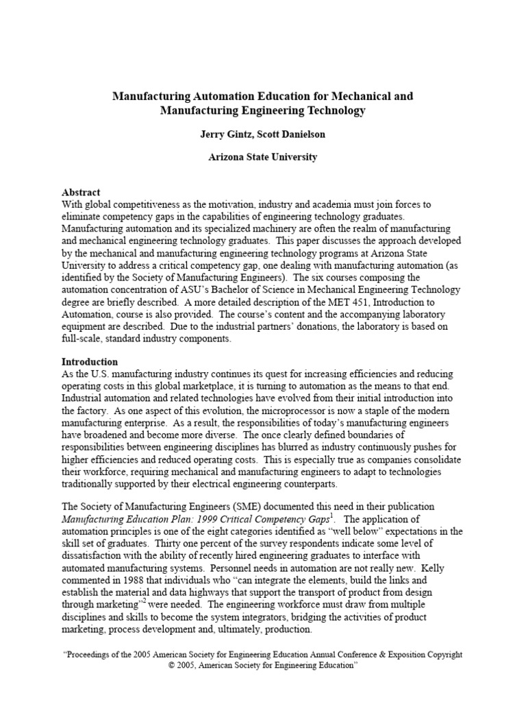 Manufacturing Automation Education For Mechanical and Manufacturing Engineering Technology ...
